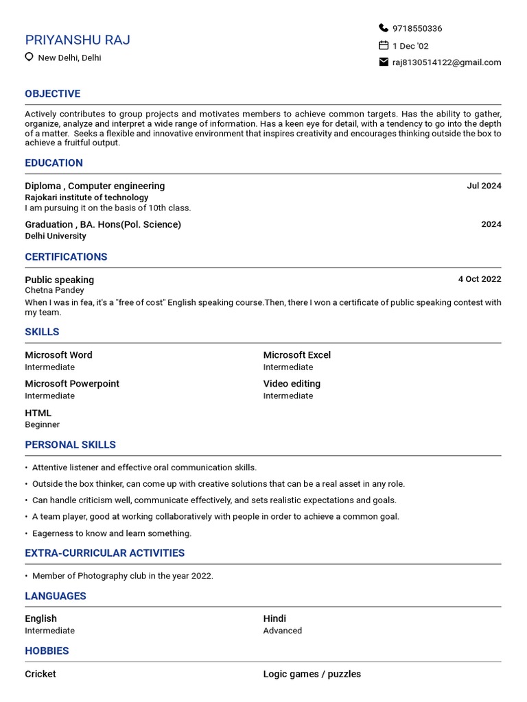 Priyanshu Raj CV | PDF | Communication | Cognitive Science