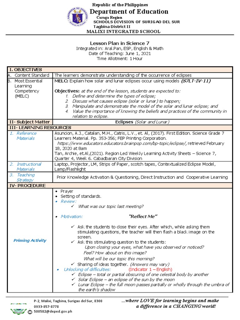 COT - Science 7 - LESSON PLAN (Q4) - 2020-2021 | PDF | Solar Eclipse ...