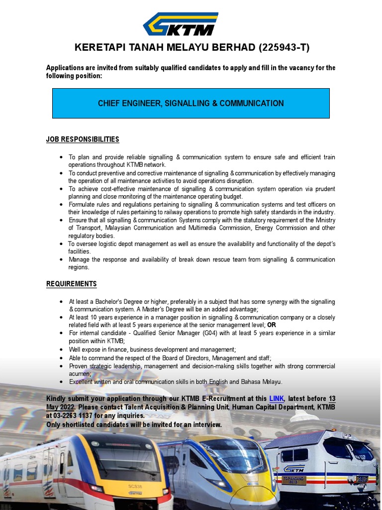 KTMB Chief Engineer Vacancy 2025 | PDF | Communication | Recruitment