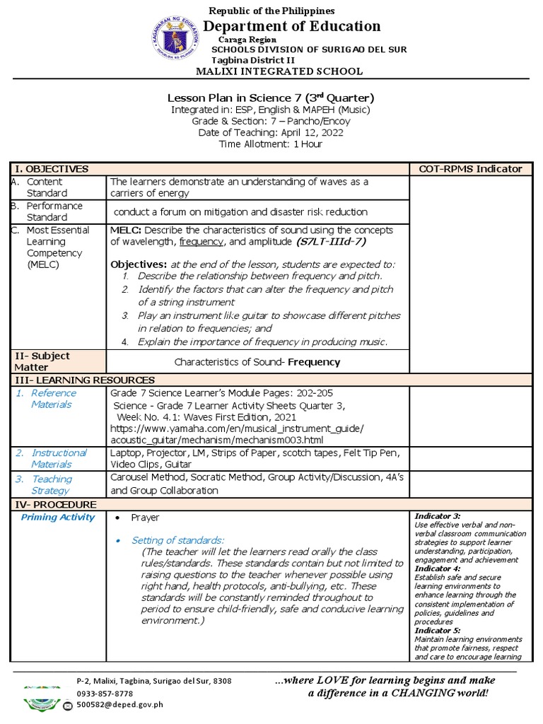 1st - COT - Science 7 - LESSON PLAN (Q3) - 2021-2022 | PDF | Sound ...