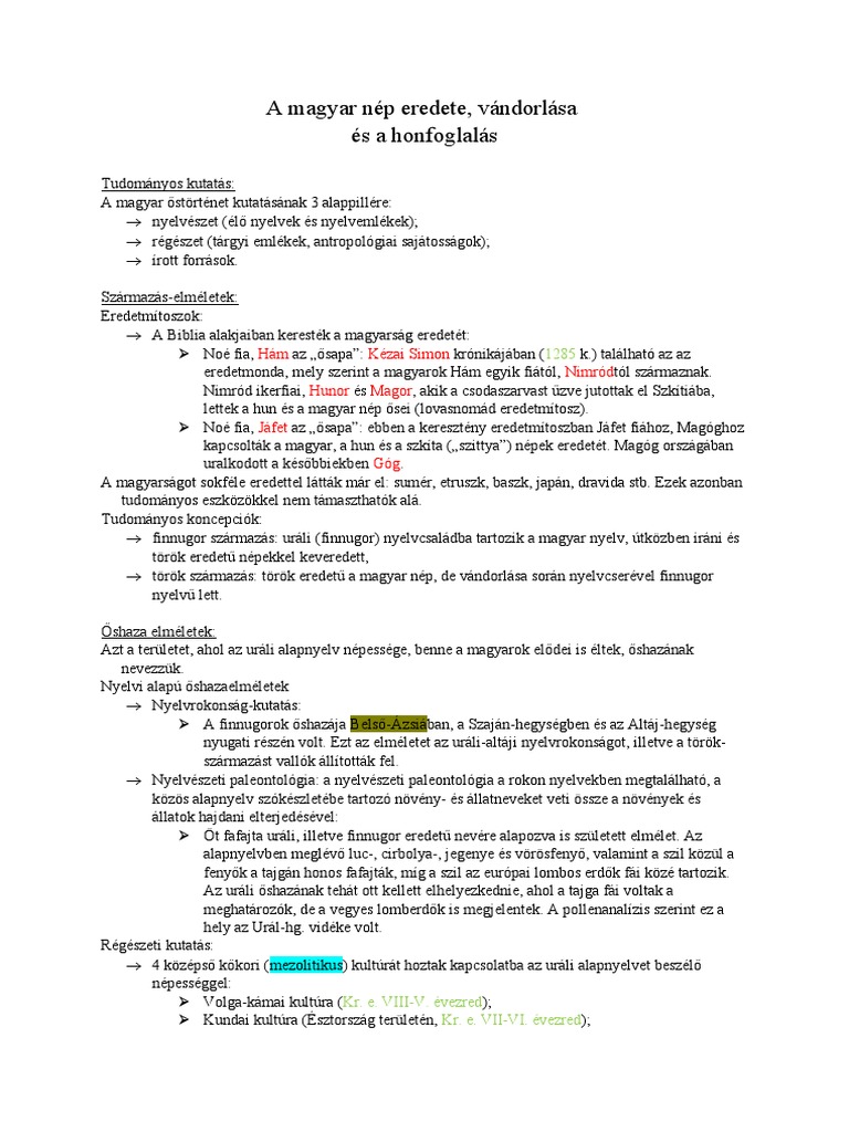 A Magyar Nép Eredete, Vándorlása És A Honfoglalás | PDF