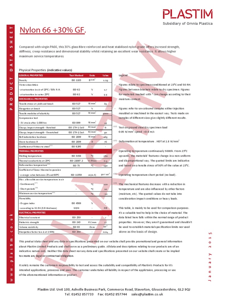 Nylon 66 30% GF Technical Data Sheet | PDF | Strength Of Materials ...