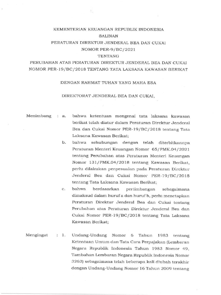 PER 9 BC 2021 Perubahan PER 19 BC 2018 | PDF