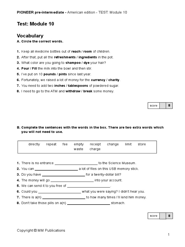 Pioneer - Pre - Intermediate - Tests - Module 10 | PDF | Language Arts ...