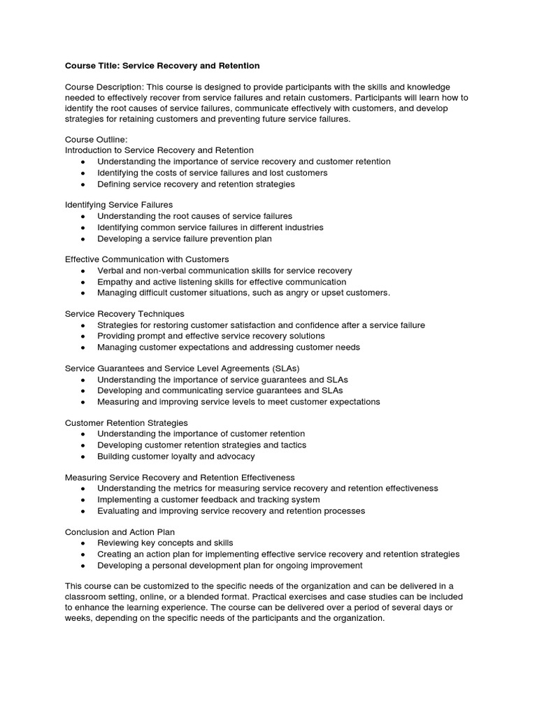 Course Outline - Service Recovery and Retention | PDF | Employee Retention | Communication