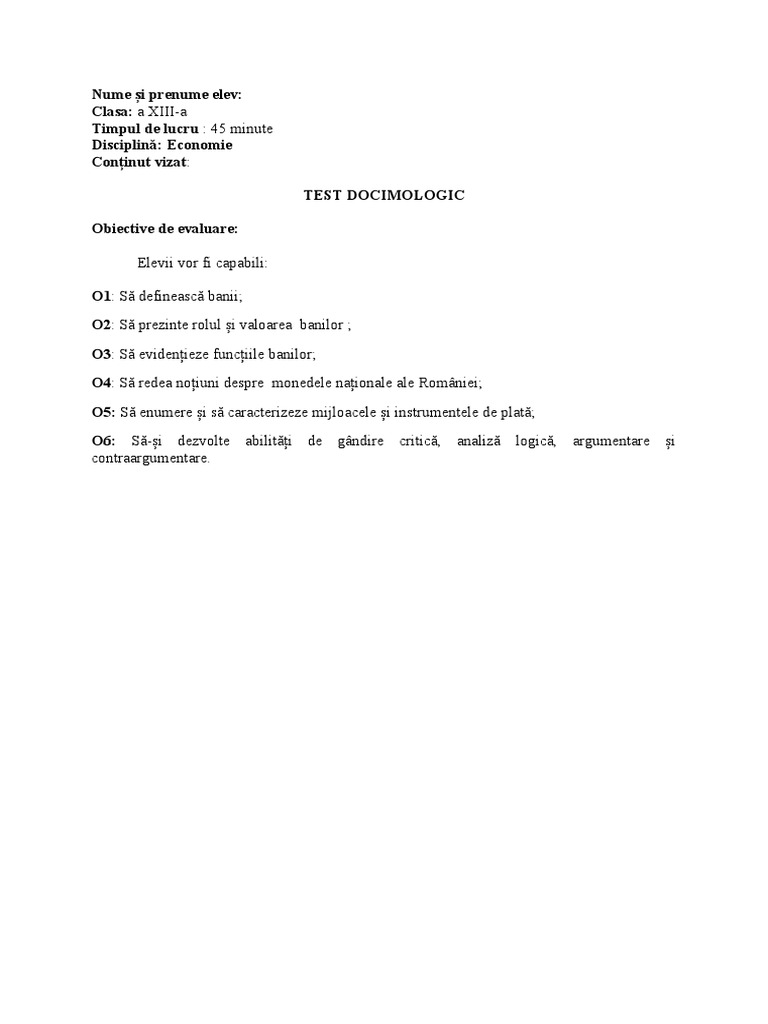 Test Docimologic Clasa A VIII - A B | PDF