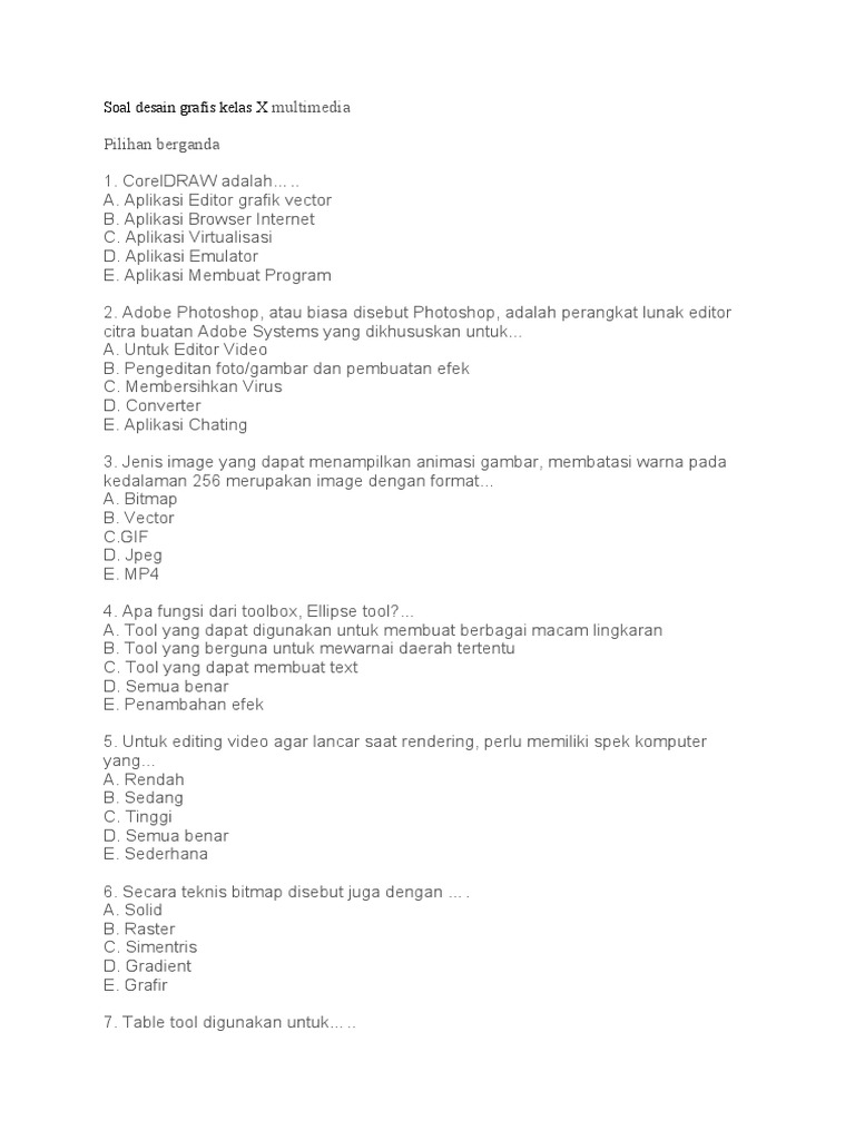 Soal Desain Grafis Kelas X Multimedia | PDF
