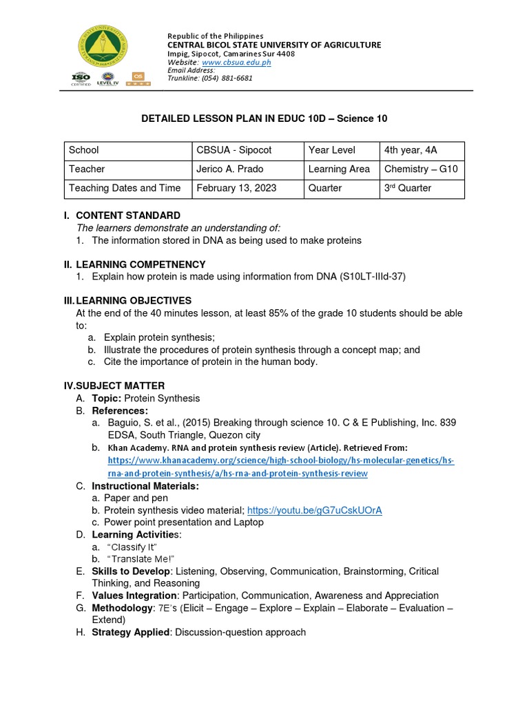 Prado - Detailed Lesson Plan in Educ 10D | PDF | Rna | Dna