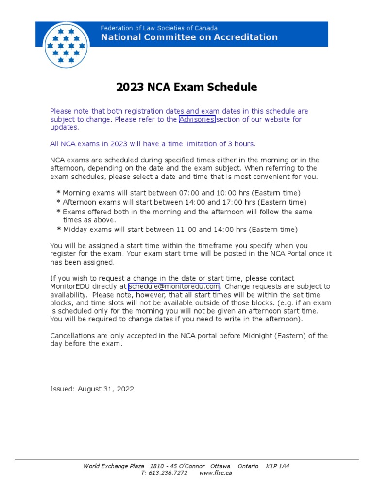 2023 NCA Exam Schedule Overview | PDF | Canada | Administrative Law