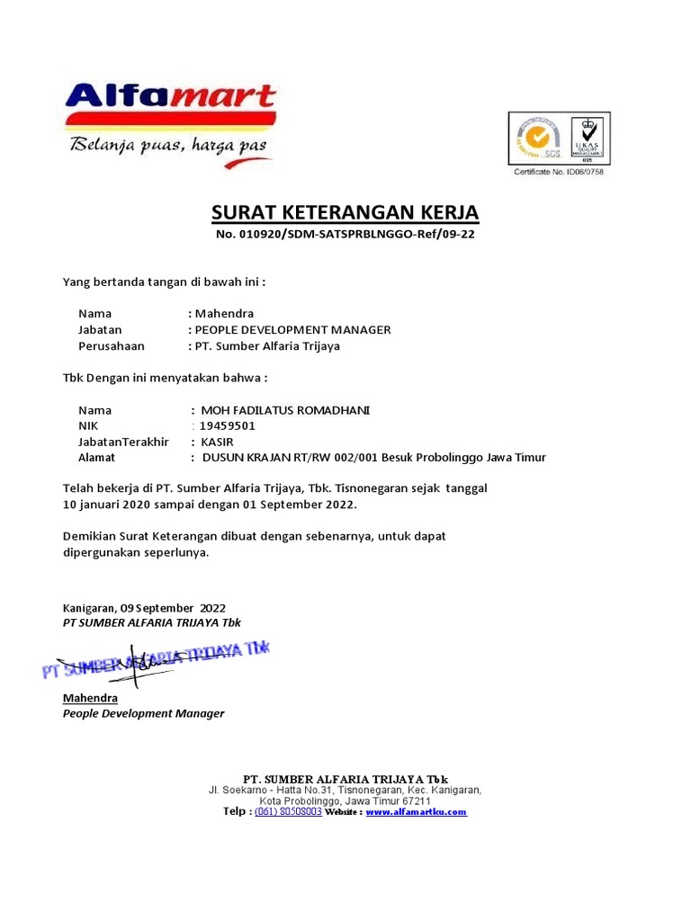 Paklaring Alfamart | PDF