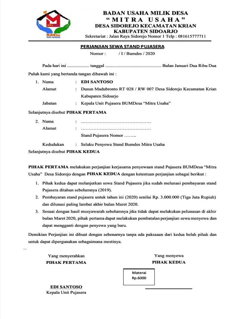 PDF Perjanjian Sewa Lapak Bumdes Compress | PDF