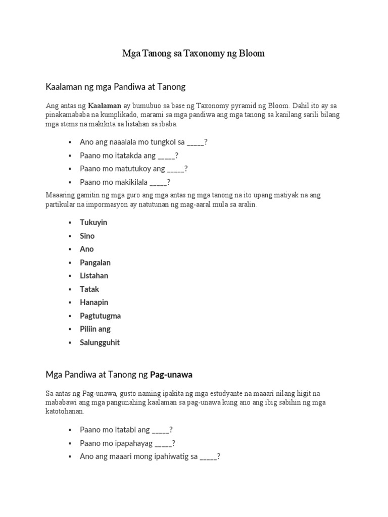 Mga Tanong Sa Taxonomy NG Bloom | PDF
