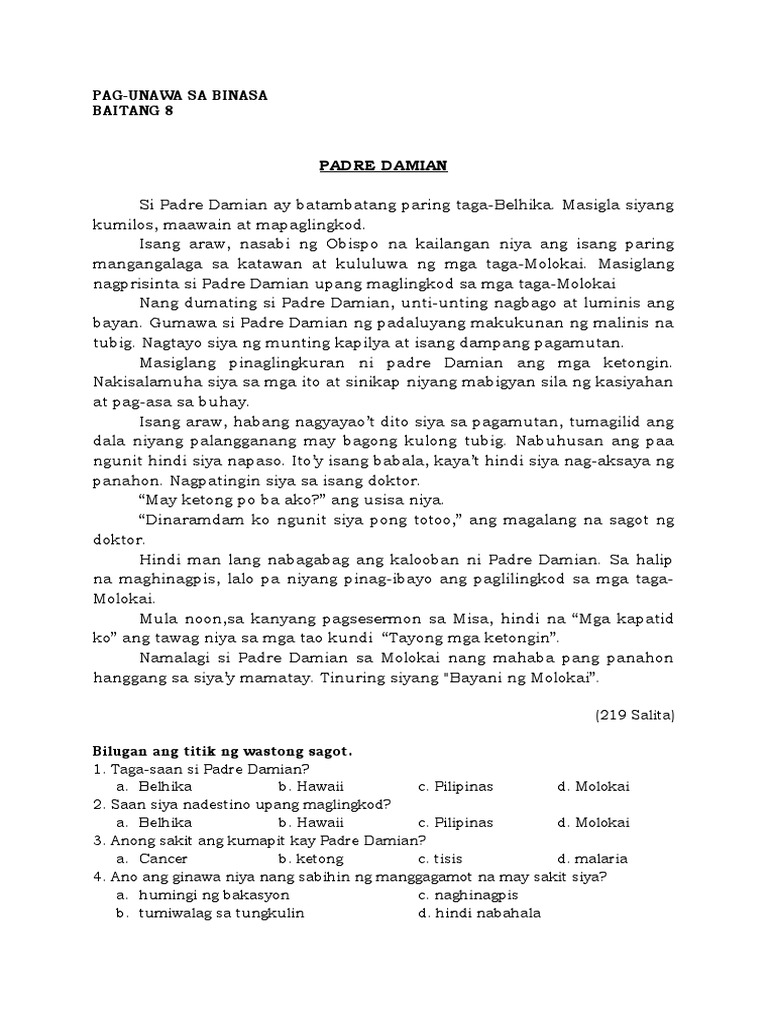 Grade 8 Pre-Diagnostic Reading | PDF