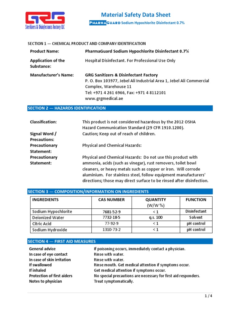 PharmaGuard Sodium Hypochlorite MSDS | PDF | Bleach | Sodium Hydroxide
