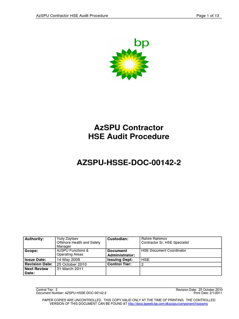 AzSPU Contractor HSE Audit Procedure | PDF | Audit | Internal Control