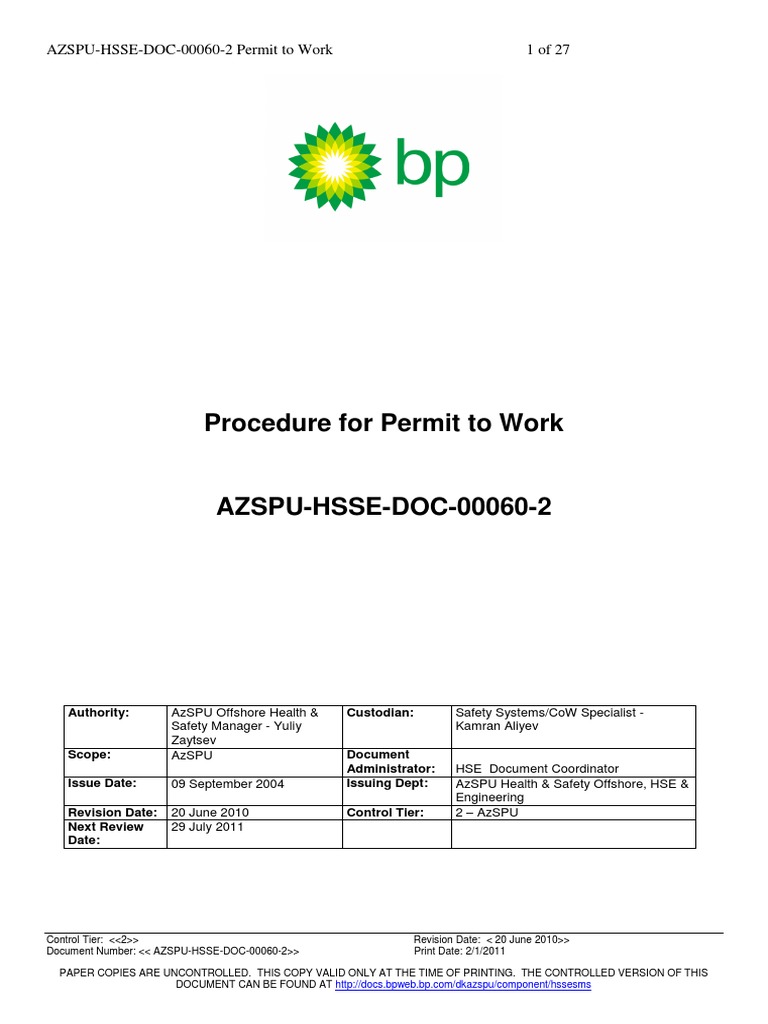 AzSPU SSoW Permit To Work Procedure | PDF | Occupational Safety And ...