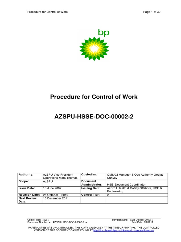 AzSPU SSOW Control of Work Procedure | PDF | Risk | Risk Assessment