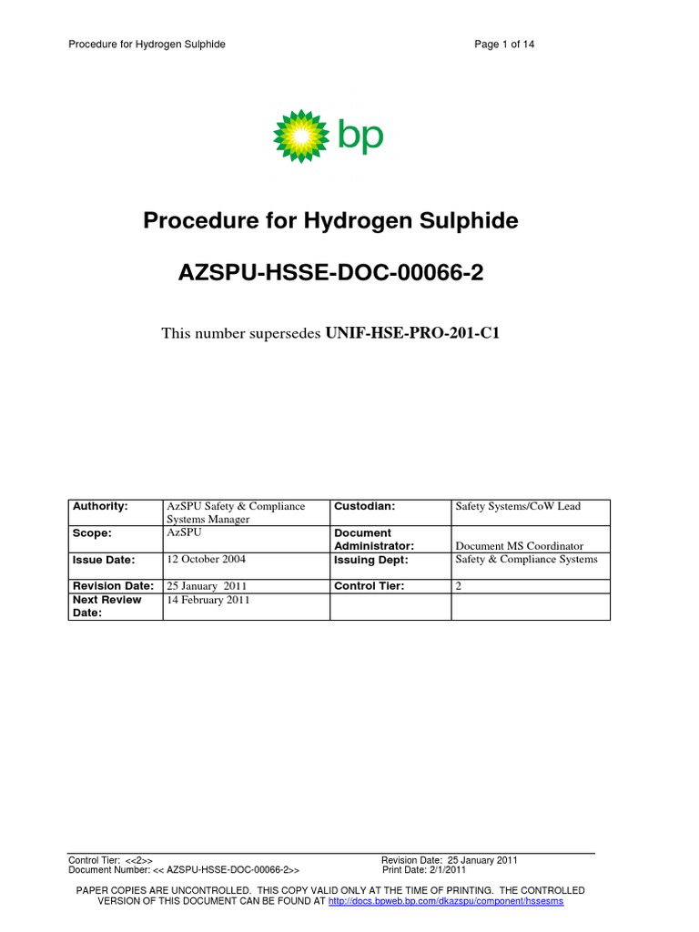 AzSPU SSOW Procedure For Hydrogen Sulphide | PDF | Corrosion | Combustion