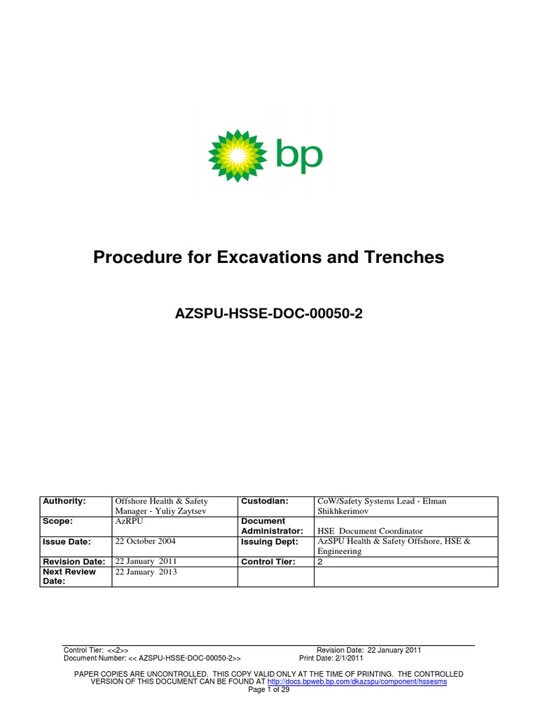 AzSPU SSOW Procedure For Excavation | PDF | Occupational Safety And ...