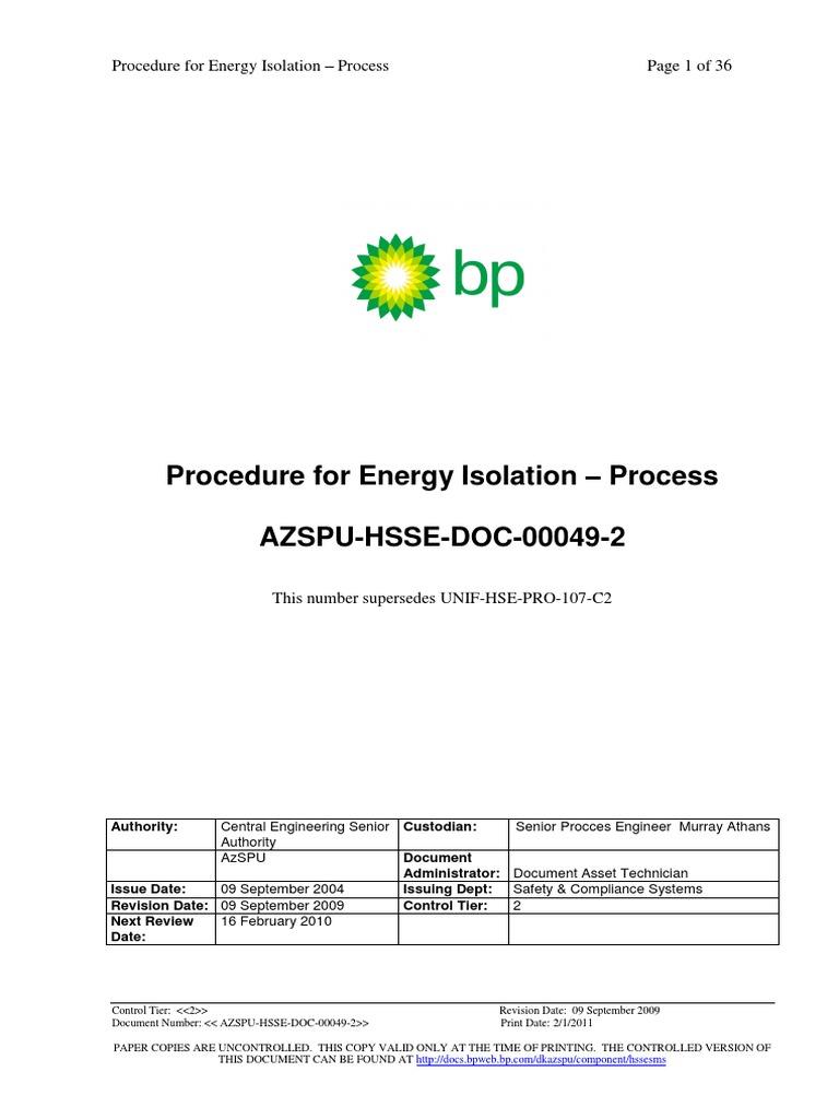 AzSPU SSOW Procedure For Energy Isolation (Process) | Download Free PDF ...