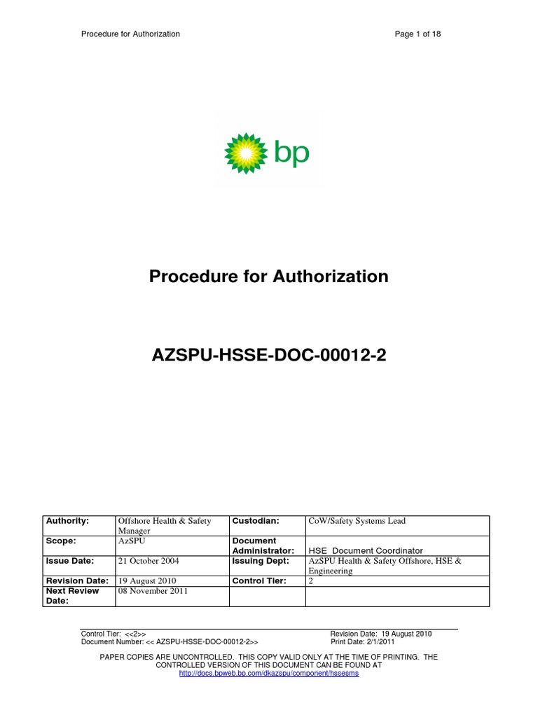 AzSPU SSOW Procedure For Authorisation | PDF | Occupational Safety And ...