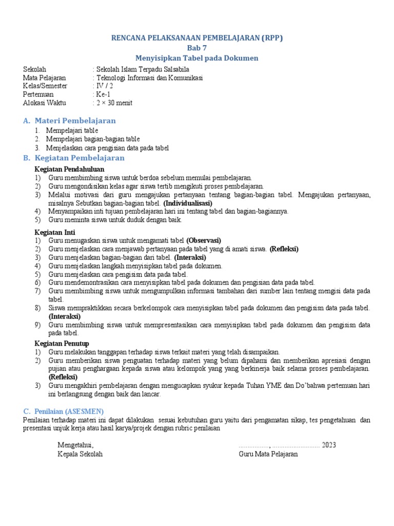 6. RPP Bab 7 TIK 4 Kelas IV 2023 | PDF