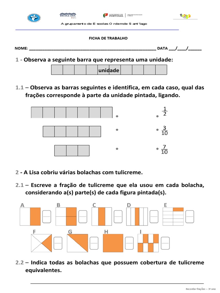 Frações - Fichas de trabalho para o 3o ano | PDF | Matemática