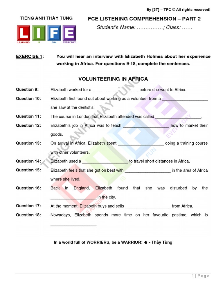Volunteering in Africa: Listening Exercise | PDF