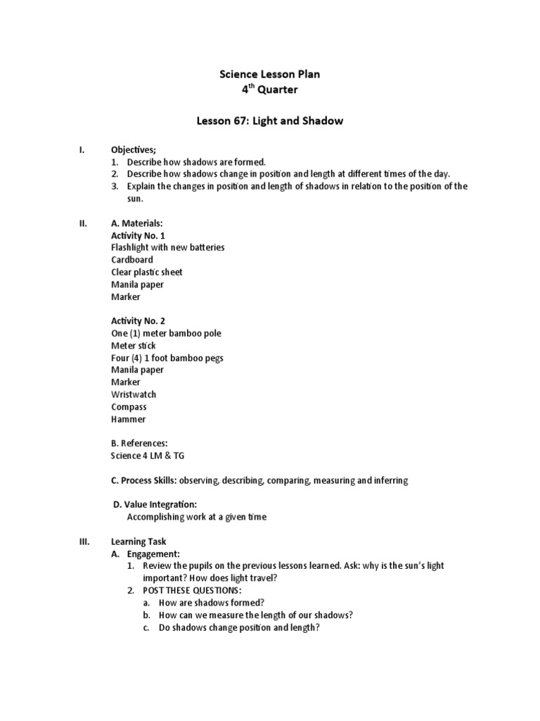 Lesson - 67 - 4th - Quarter - Science - 4.doc LIght and Shadow | PDF ...