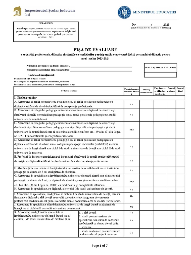 Fisa de Evaluare A Cadrelor Didactice Conform Anexa 2 La Metodologie 2023 - 2024 | PDF