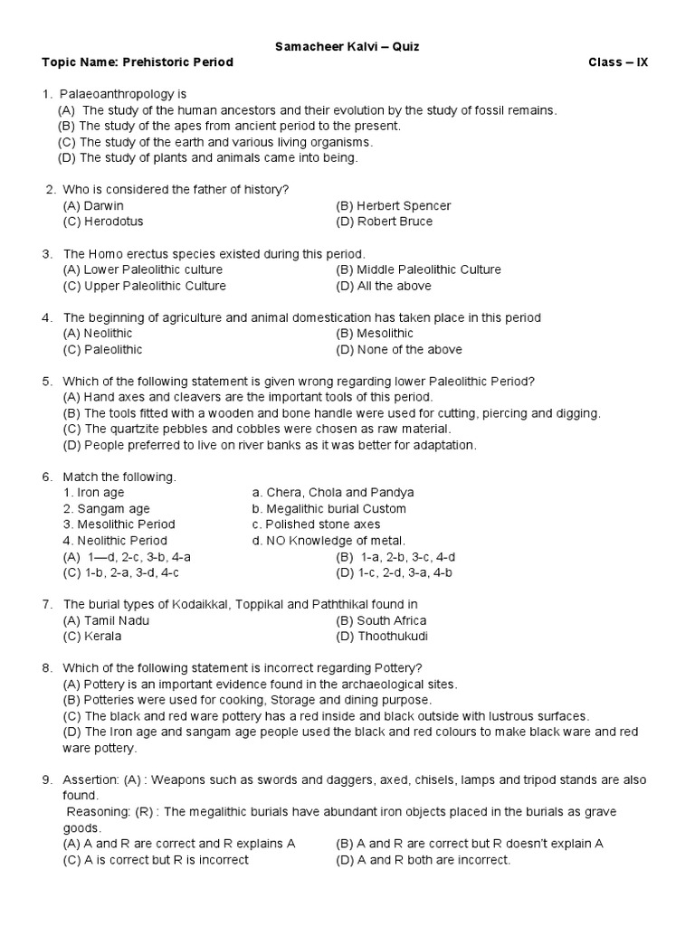 Prehistoric Period Quiz for Class IX | PDF | Mesopotamia | Paleolithic