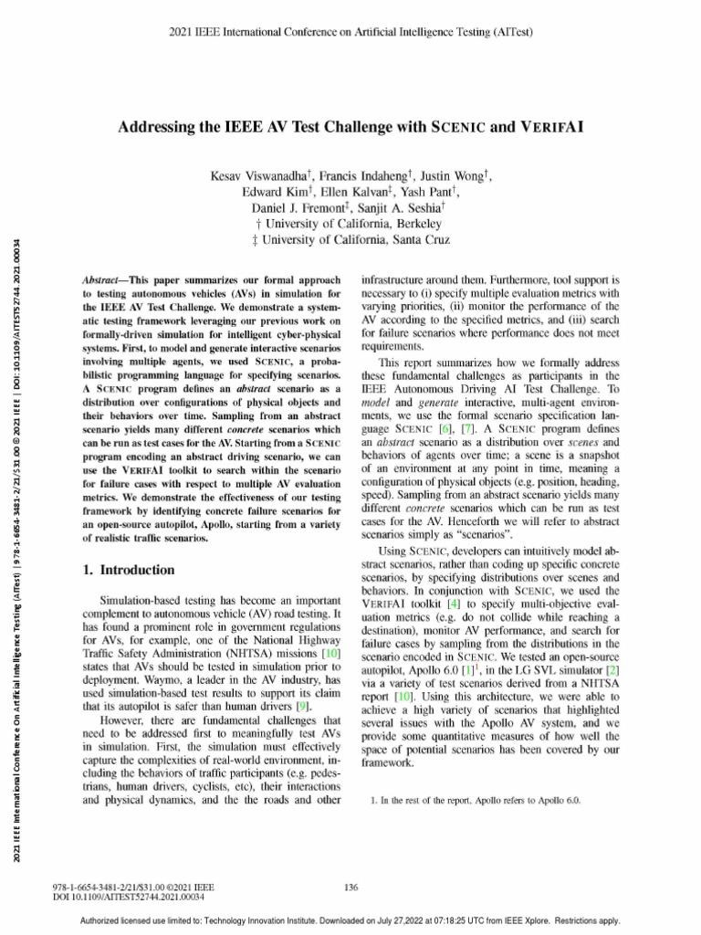 Addressing The IEEE AV Test Challenge With Scenic and VerifAI | PDF ...