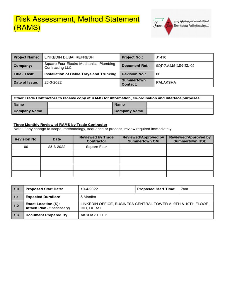 SQF-RAMS-LIN-EL-02 - Installation of Cable Trays and Trunking. | PDF