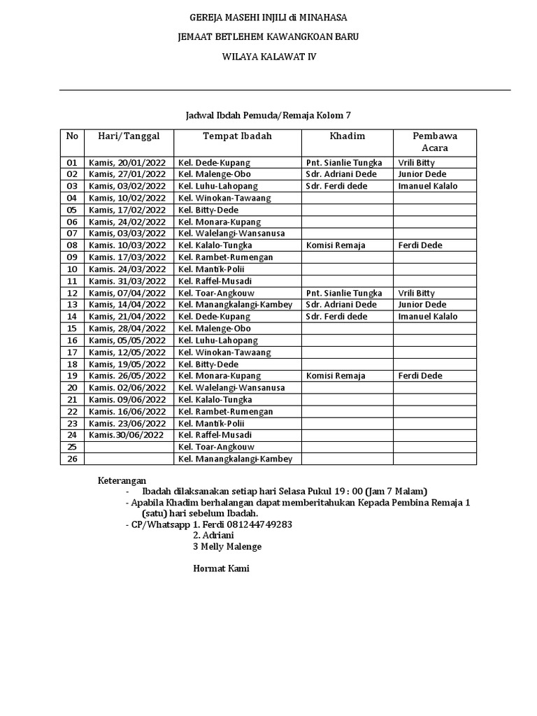 Jadwal Ibadah Pemuda Remaja KLM 7 | PDF