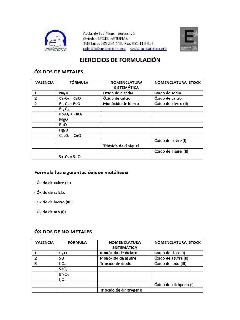 Ejercicios de Formulacion Inorgani92 | PDF | Hidróxido | Óxido
