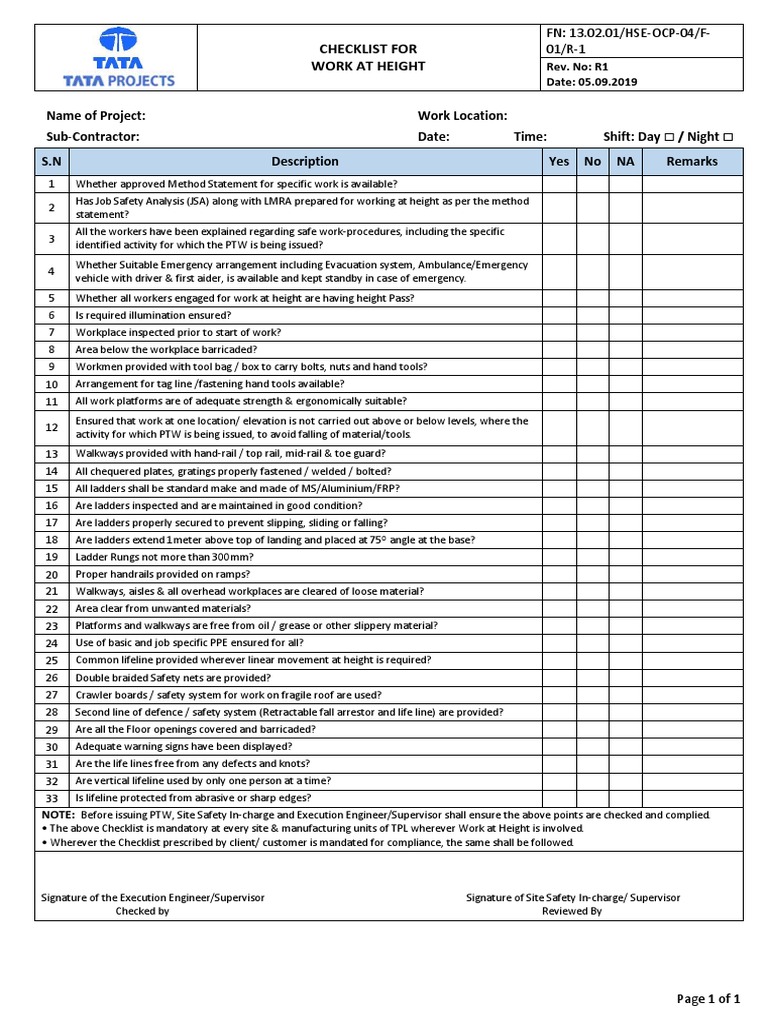 Checklist For Work at Height 13.02.01 HSE OCP-04 F-01 R-1 | PDF | Safety