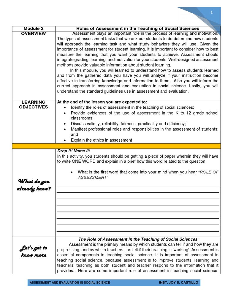 Module 2-Roles of Assessment in The Teaching of Social Sciences | PDF | Educational Assessment ...