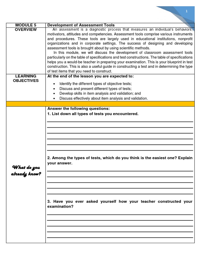 MODULE 5 - Development of Assessment Tools | PDF | Multiple Choice | Educational Assessment