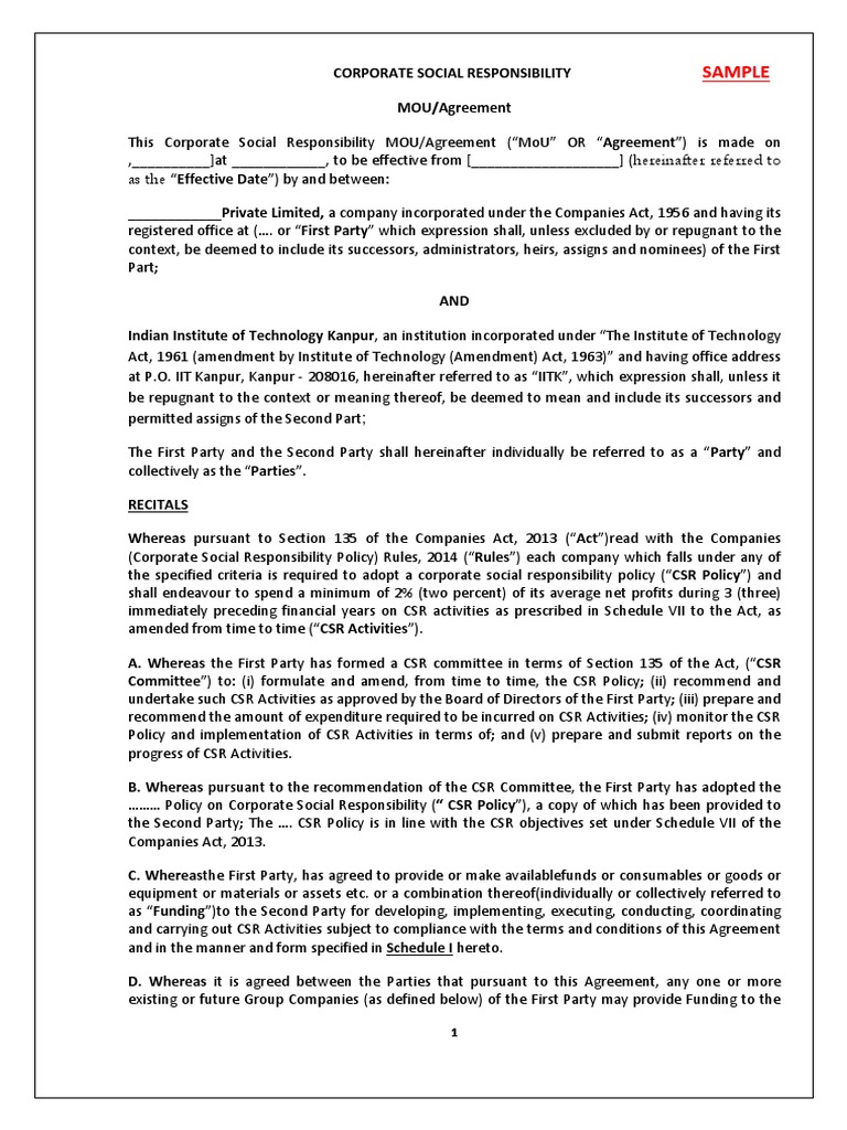 Template - CSR MoU | PDF | Indemnity | Arbitration