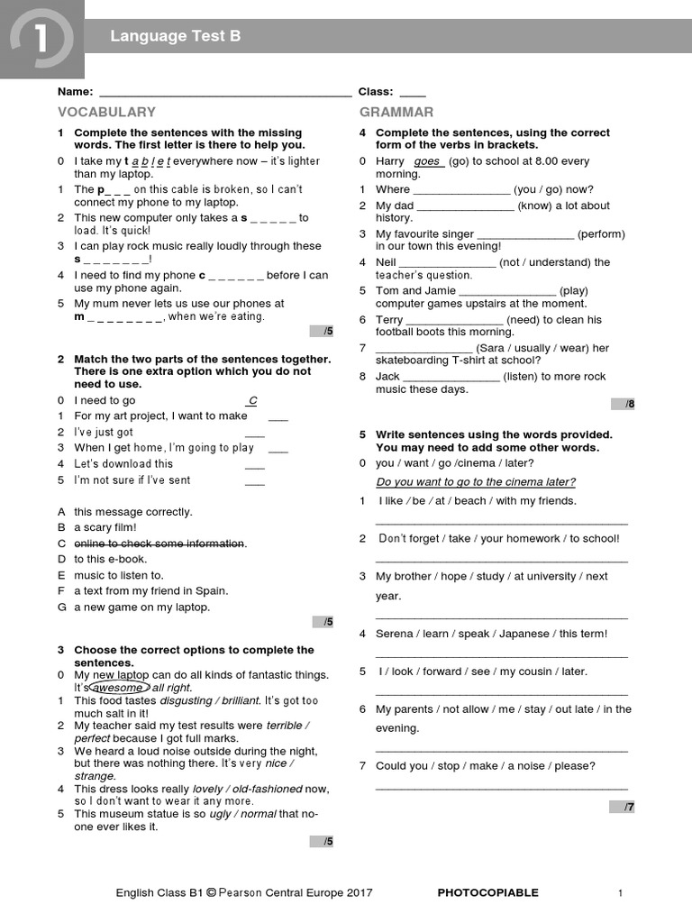 ECB1 - Tests - Language Test 1B | PDF | Sentence (Linguistics ...