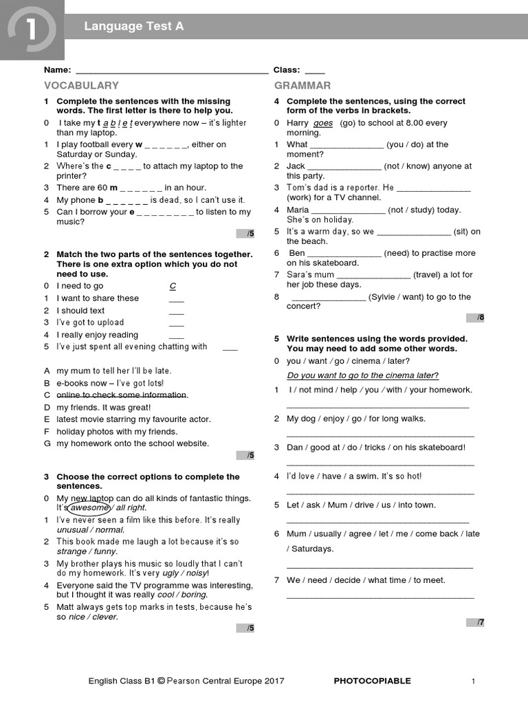 ECB1 - Tests - Language Test 1A | PDF | Linguistics