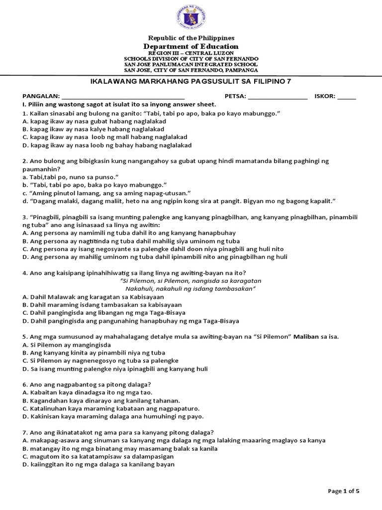 Filipino 7-2nd Quarterly Exam | PDF