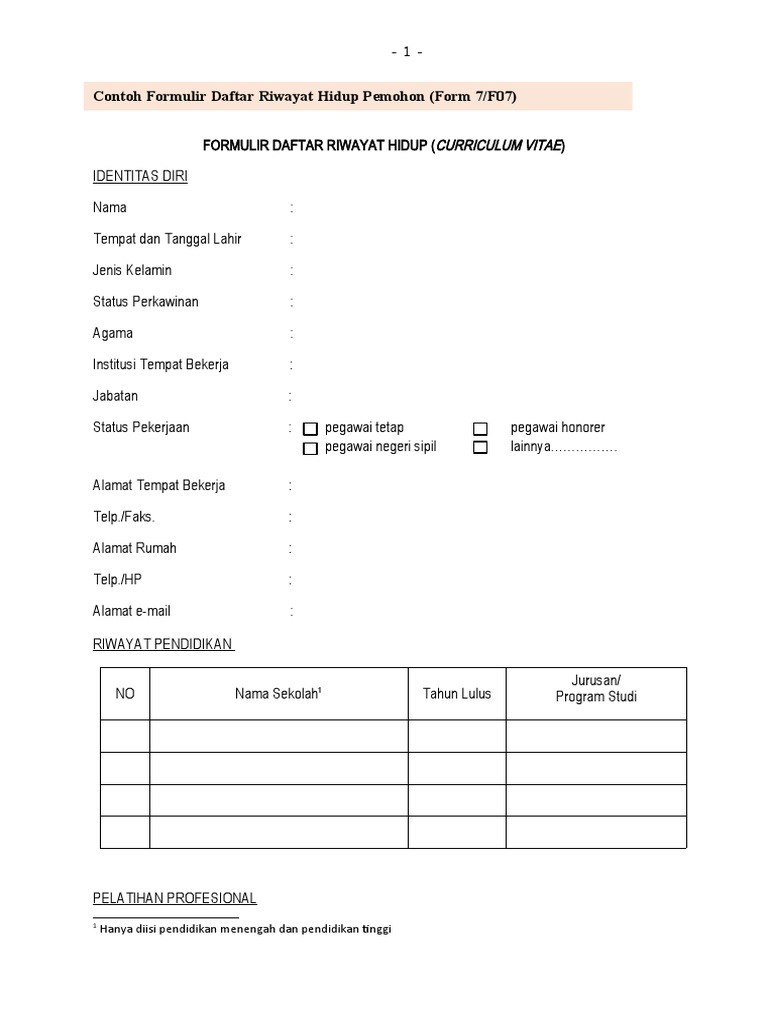 Contoh Formulir Daftar Riwayat Hidup Pemohon (Form 7 F07) | PDF