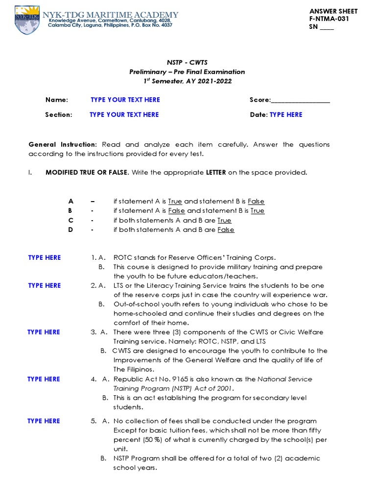 Jimmy M. Soriano III NSTP MAJOR EXAMINATION - AY 2022 2023 | PDF
