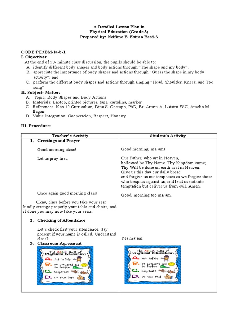 A Detailed Lesson Plan in PE 3 | Download Free PDF | Lord's Prayer ...