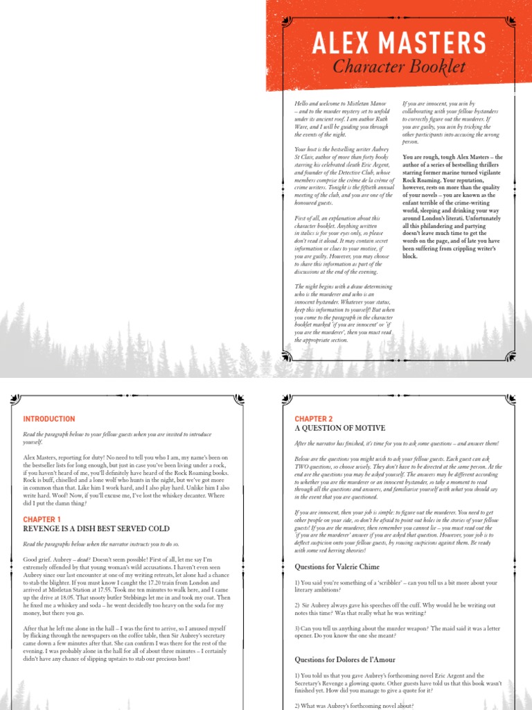 Ruth Ware Murder Mystery Alex Masters Character Booklet v1 | PDF