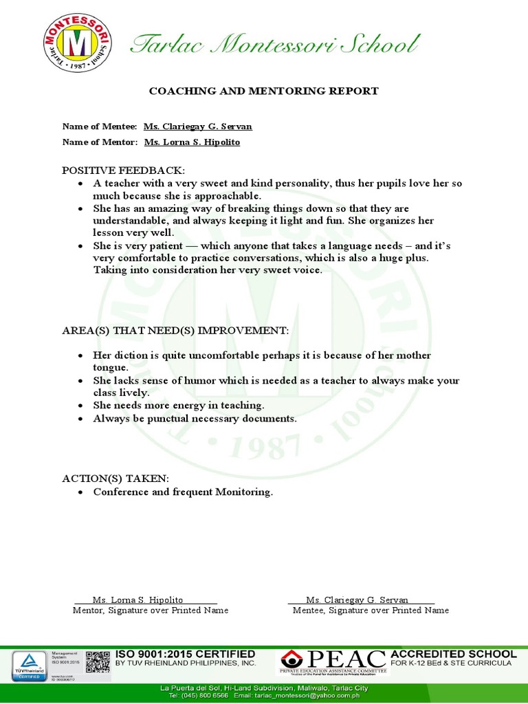Coaching and Mentoring Report Template | PDF | Mentorship | Education ...