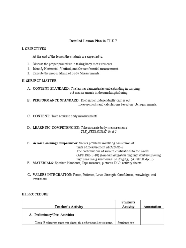 Lesson Plan: Body Measurement Techniques | PDF | Inch | Length