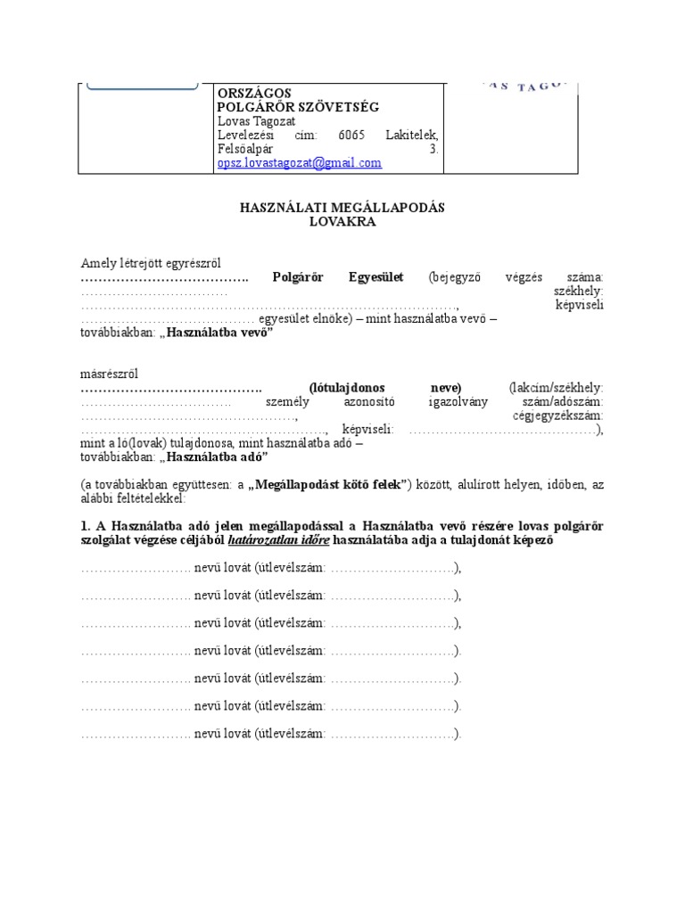 Lóhasználati Megállapodás Minta | PDF