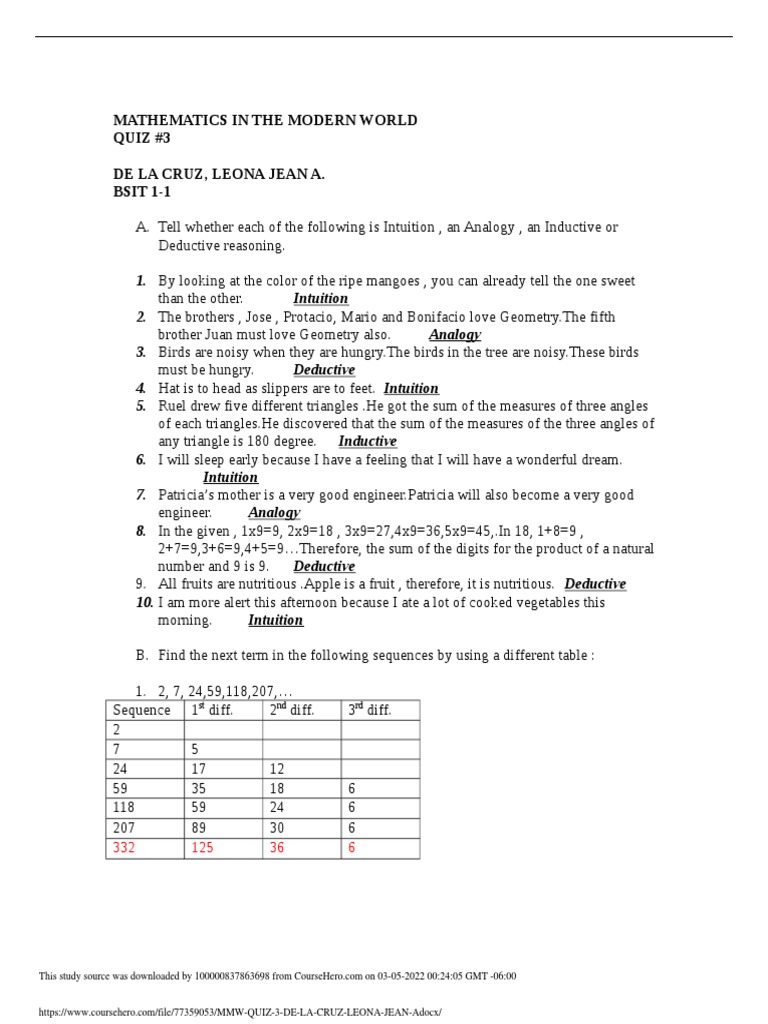 MMW Quiz 3 de La Cruz Leona Jean A | PDF | Mathematics